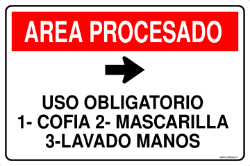 LETRERO AREA PROCESADO USO OBLIGATORIO 1 COFIA 2 MASCARILLA 3 LAVADO MANOS